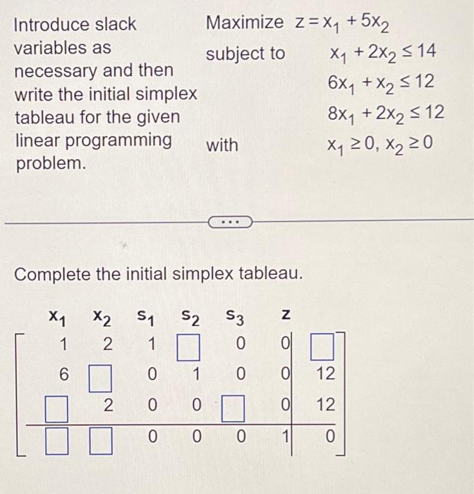 Solved Complete the initial simplex tableau. ⎣⎡x116x222 | Chegg.com