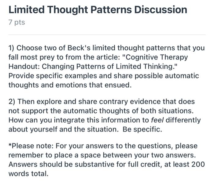 Solved Limited Thought Patterns Discussion 7 pts 1) Choose | Chegg.com