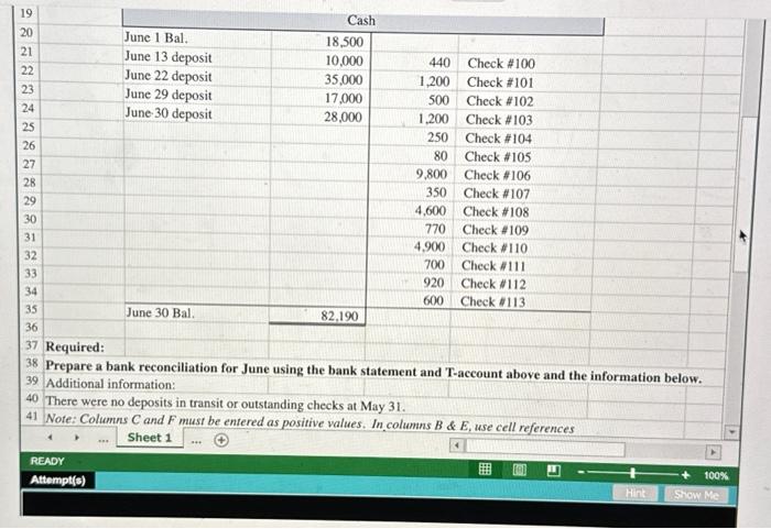 Solved 1 The June bank statement and the cash T-account for | Chegg.com