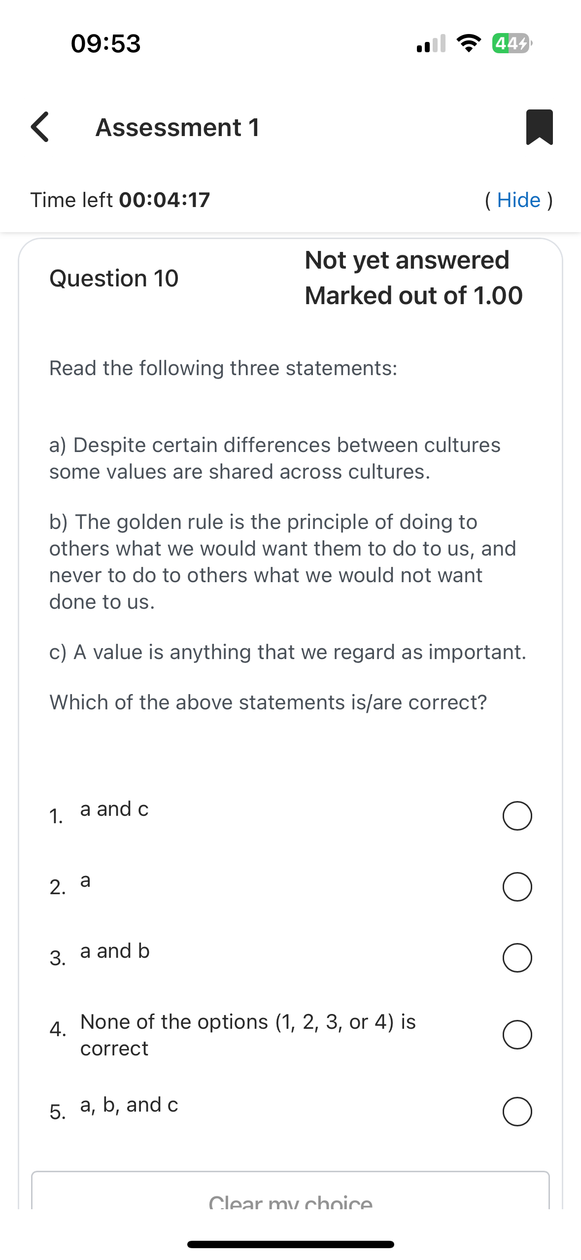 Solved 09:53444Assessment 1Time left 00:04:17( ﻿Hide | Chegg.com