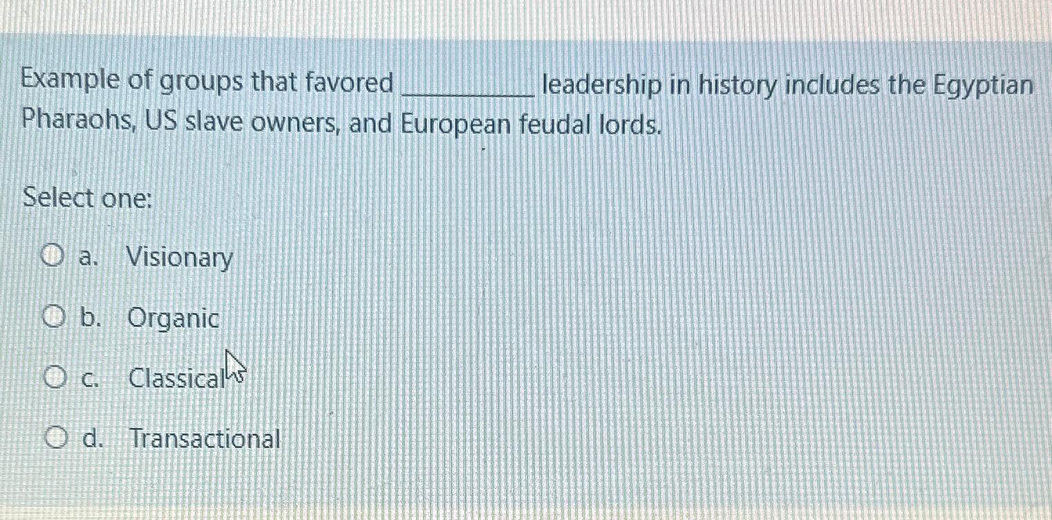 Solved Example of groups that favored leadership in history | Chegg.com