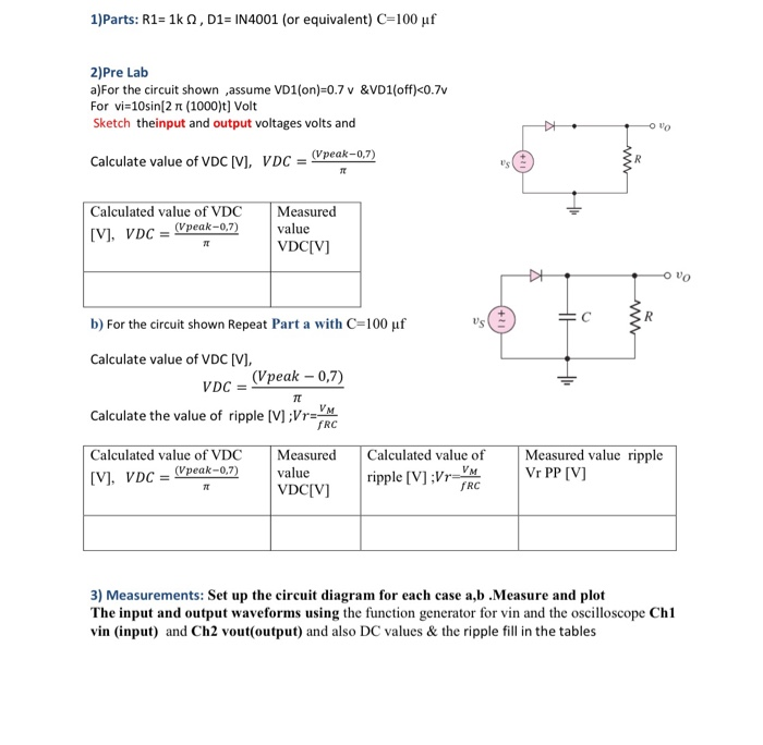 Solved 1)Parts: R1=1k 12, D1= IN4001 (or equivalent) C=100 | Chegg.com