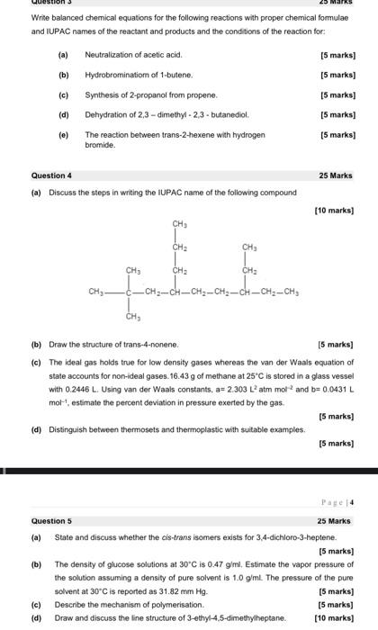 Solved Write Balanced Chemical Equations For The Following