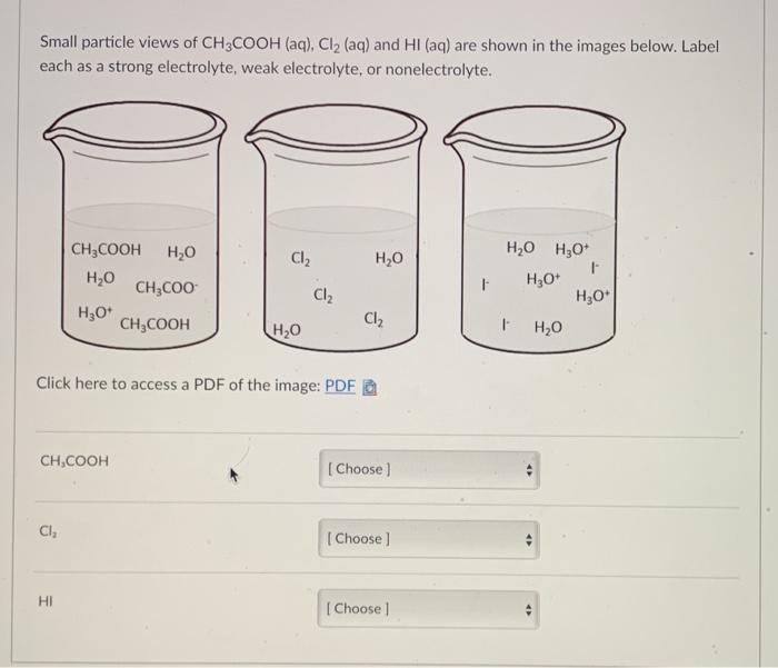Solved Small particle views of CH3COOH (aq), Cl2 (aq) and HI | Chegg.com