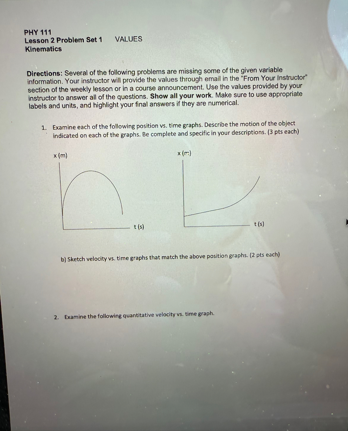 Solved PHY 111Lesson 2 ﻿Problem Set 1 ﻿VALUES | Chegg.com