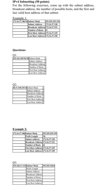 Solved IPv4 Subnetting (50 points) For the following | Chegg.com