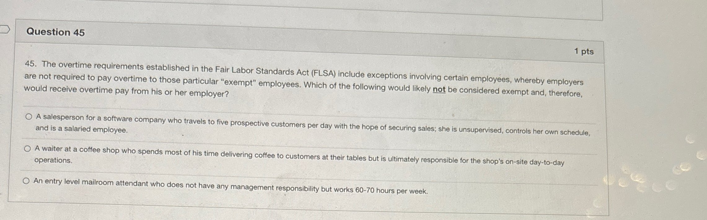 Solved Question 451 ﻿pts45. ﻿The overtime requirements | Chegg.com
