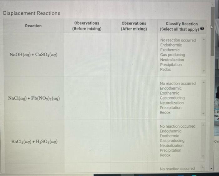 Solved Displacement Reactions Reaction Observations (Before | Chegg.com