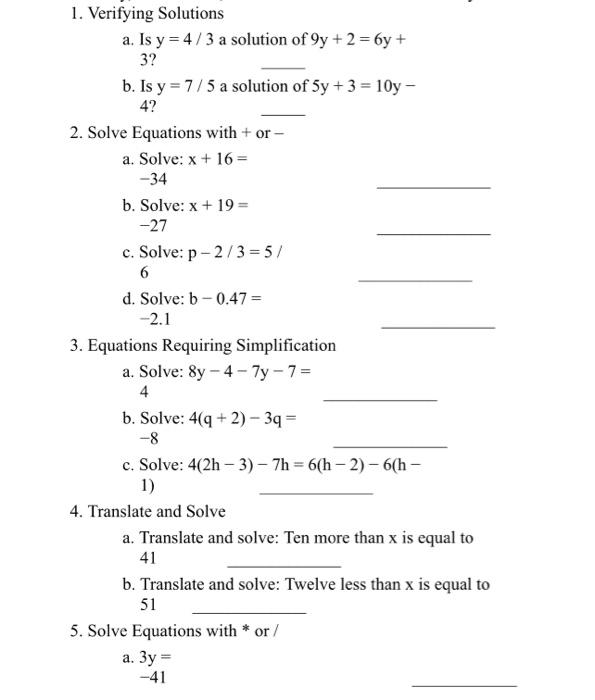 Solved 1. Verifying Solutions a. Is y = 4/3 a solution of 9y | Chegg.com