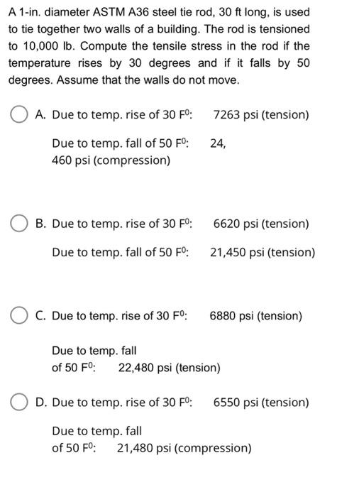 Solved A 1-in. diameter ASTM A36 steel tie rod, 30ft long, | Chegg.com