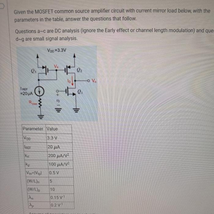 Solved Given the MOSFET common source amplifier circuit with | Chegg.com