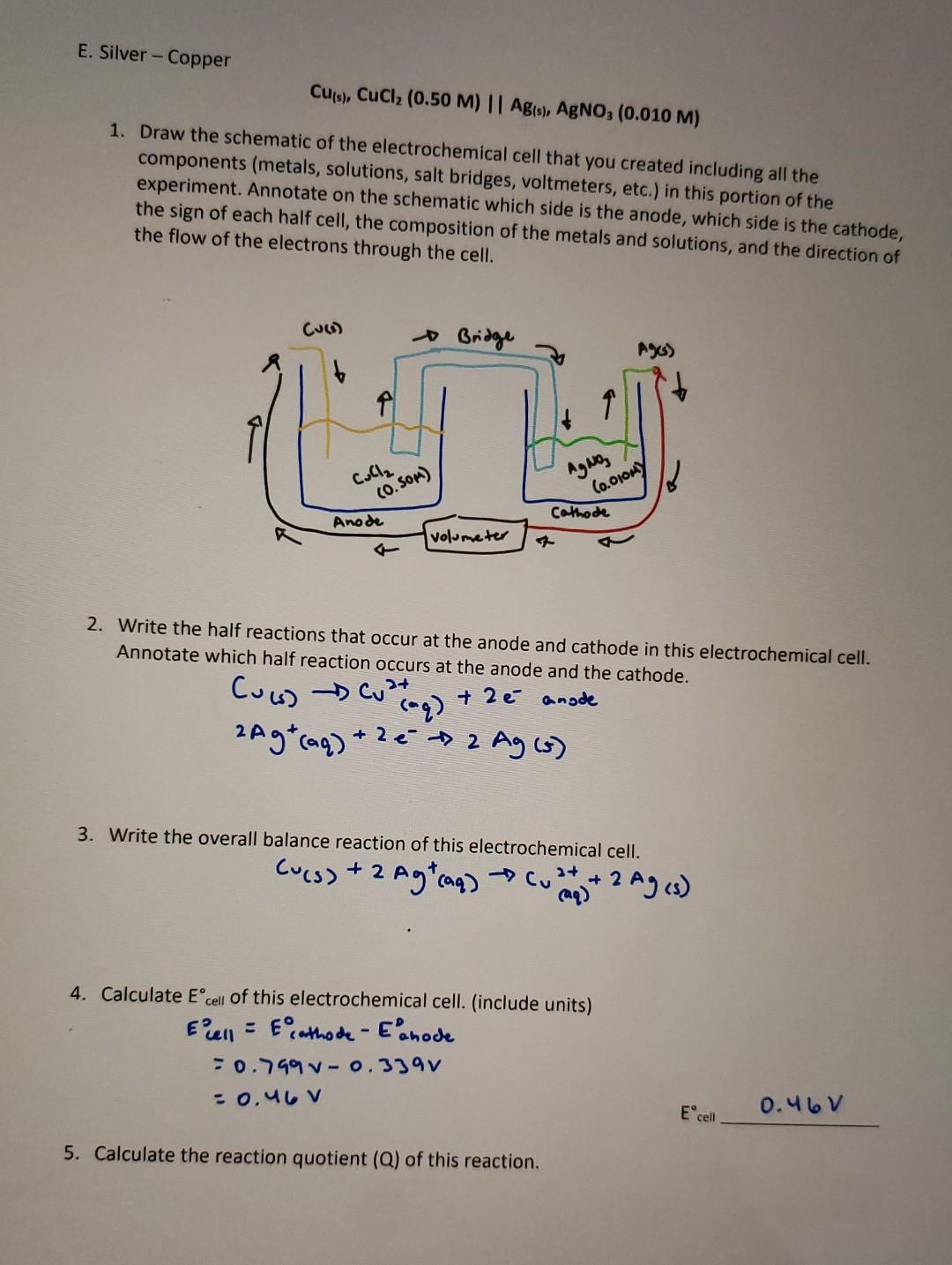 Solved E. Silver - Copper Cu(s), CuCl2 (0.50 M) || Agis), | Chegg.com
