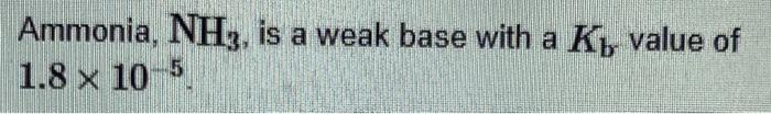 Solved Ammonia, NH3, is a weak base with a Kb value of | Chegg.com