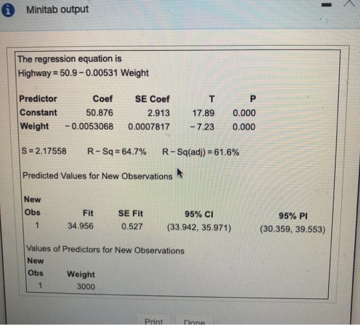Solved The Minitab output shown below was obtained by using | Chegg.com
