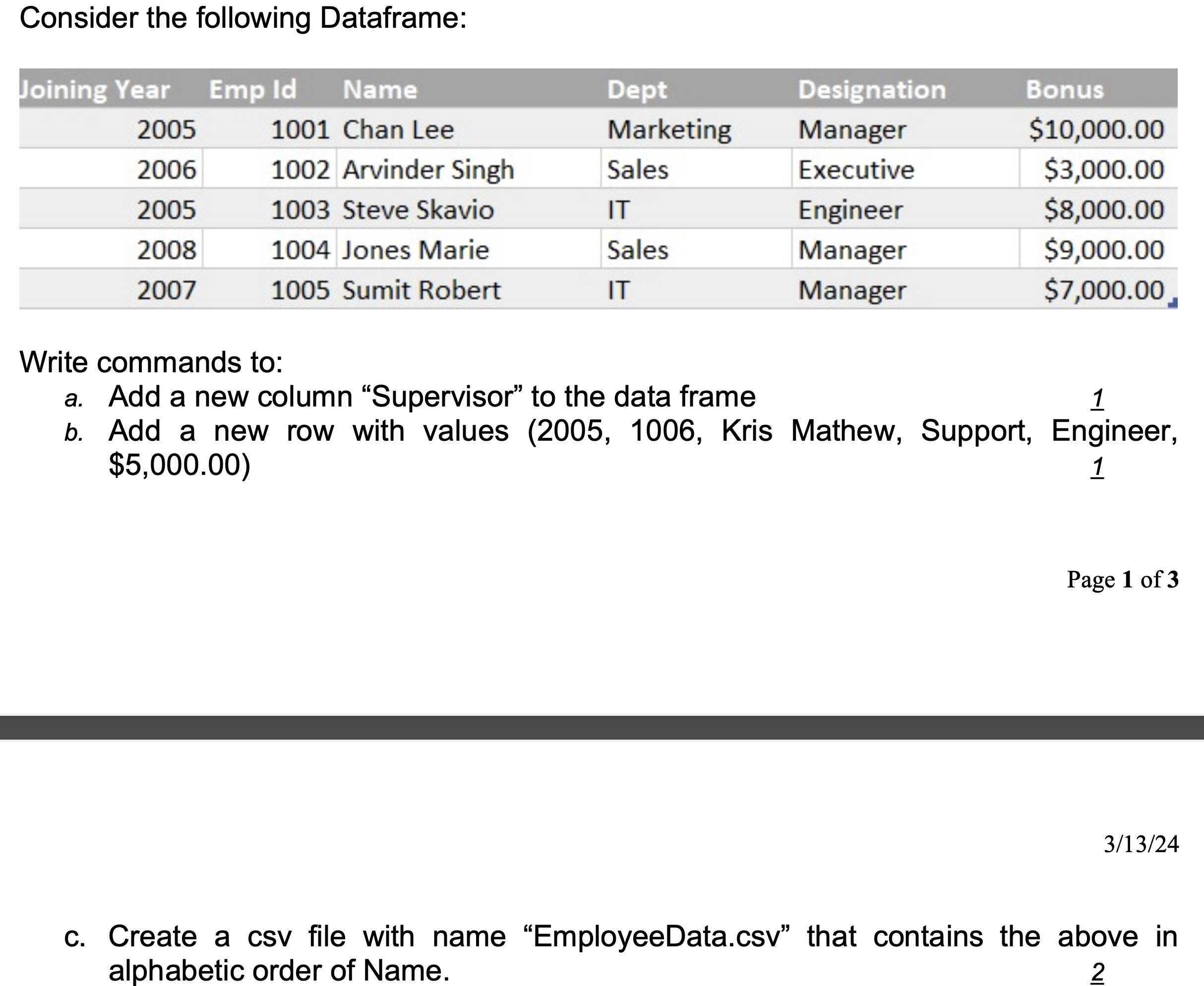 Consider The Following Dataframe Write Commands To A