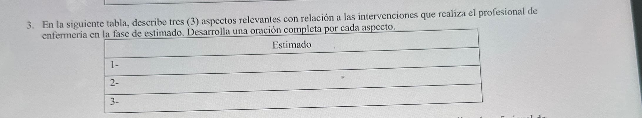 Solved En la siguiente tabla, describe tres (3) ﻿aspectos | Chegg.com