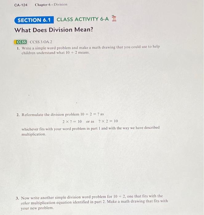Solved CA-124 Chapter 6 Division SECTION 6.1 CLASS ACTIVITY | Chegg.com