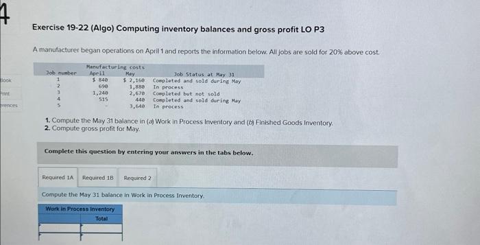 Exercise 19−22 (Algo) Computing inventory balances | Chegg.com