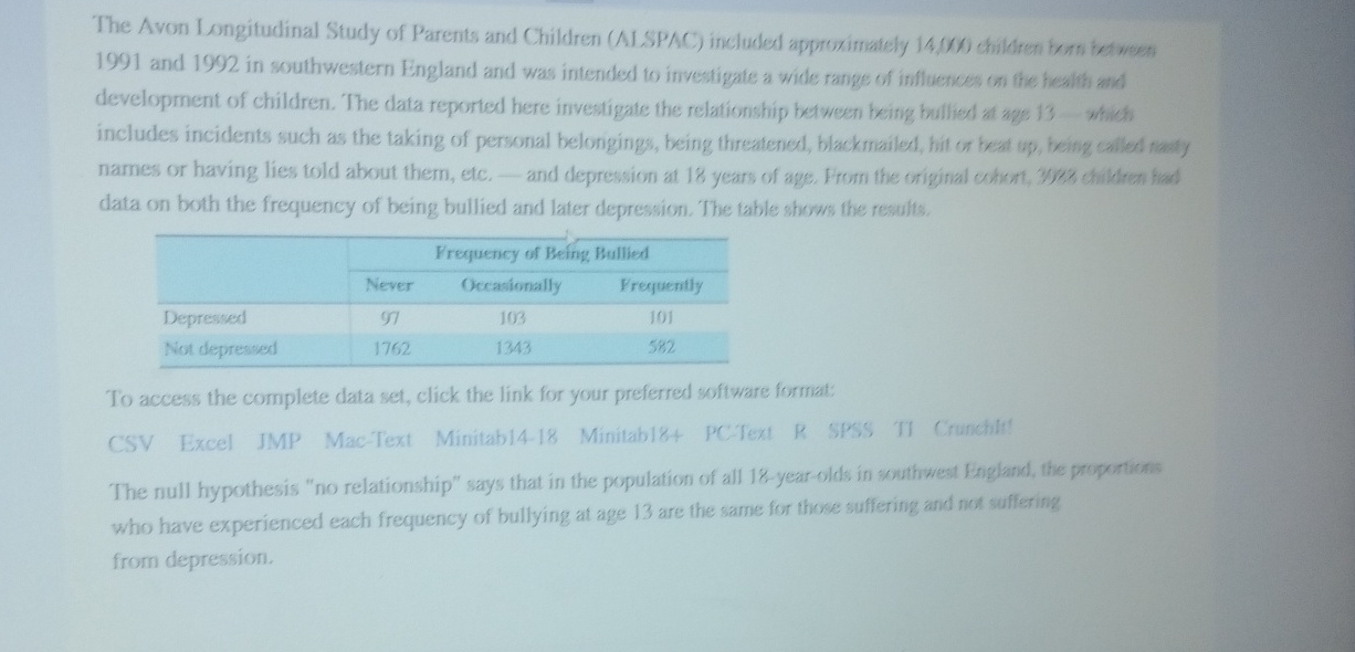 Solved The Avon Longitudinal Study of Parents and Children | Chegg.com