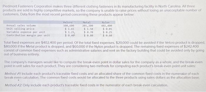 Solved Pledmont Fasteners Corporation makes three different | Chegg.com