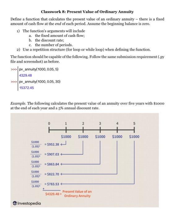 Solved Classwork 8: Present Value of Ordinary Annuity Define | Chegg.com