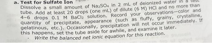 Solved a. Test for Sulfate Ion Dissolve a small amount of | Chegg.com