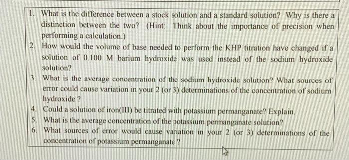 Solved 1. What is the difference between a stock solution | Chegg.com