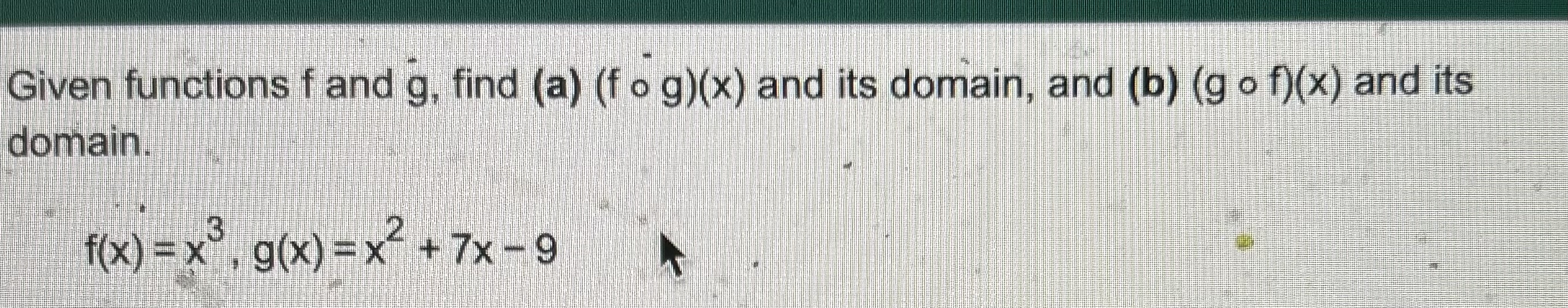 Solved Given functions f ﻿and g , ﻿find (a)(f@g)(x) ﻿and its | Chegg.com