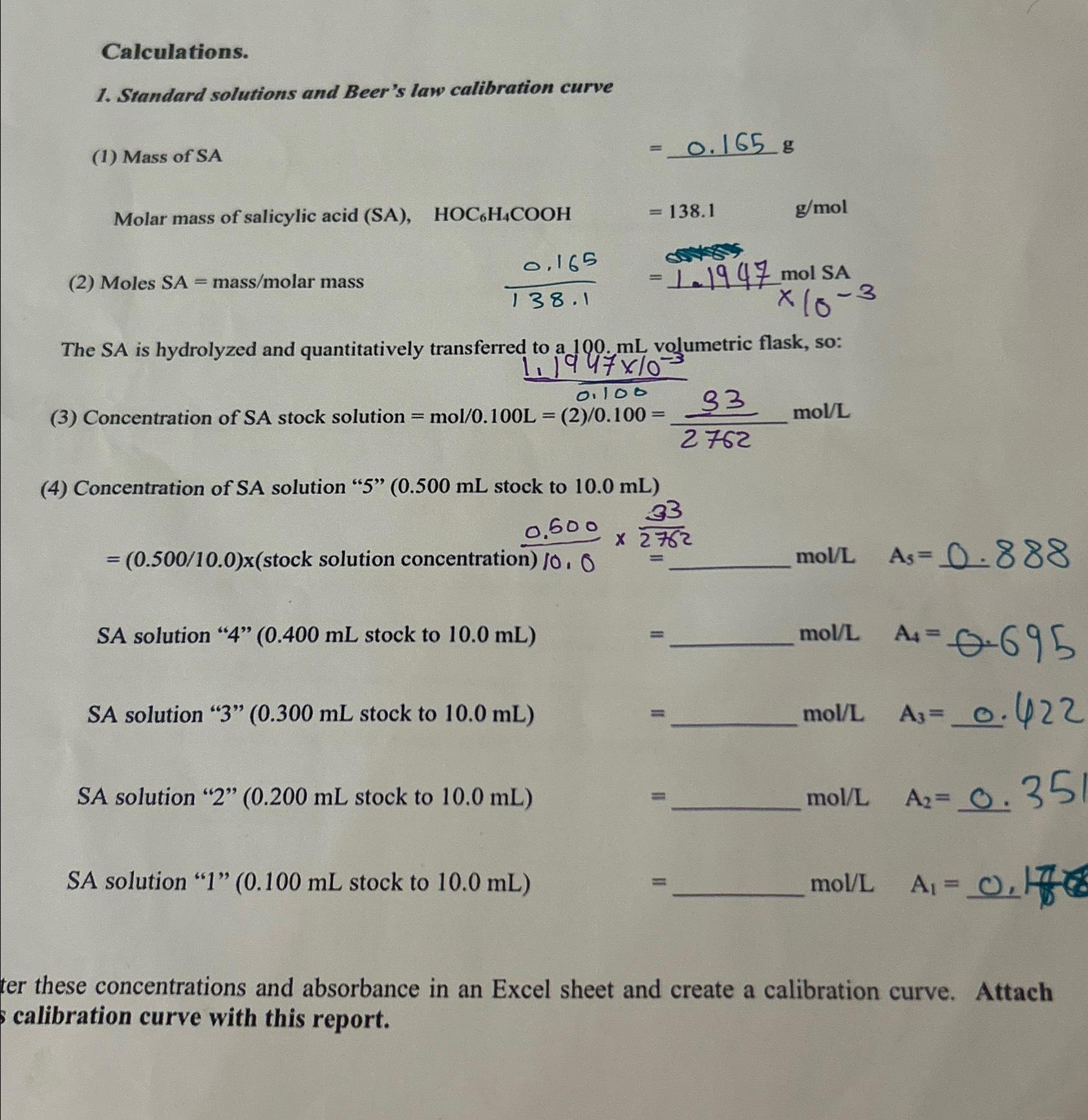 Solved Calculations.Standard solutions and Beer's law | Chegg.com