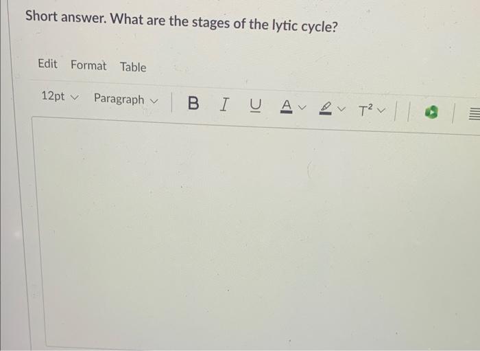 Solved Short answer. What are the stages of the lytic cycle? | Chegg.com