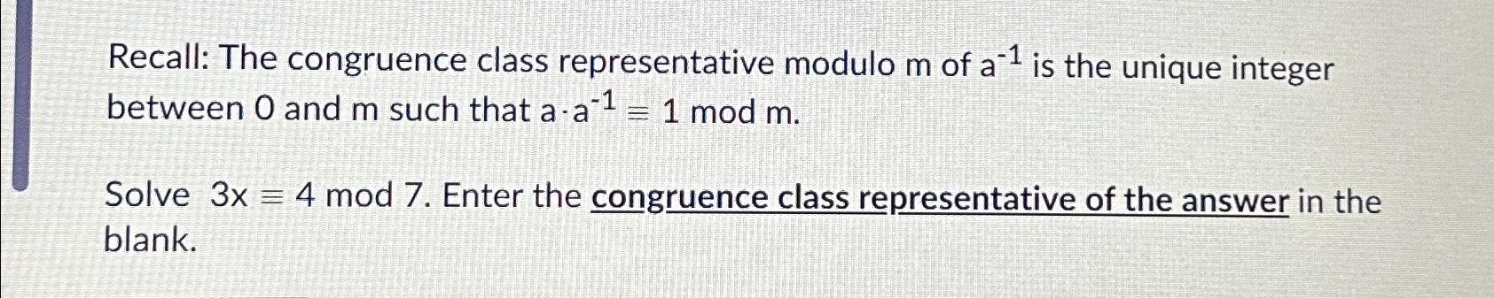 Solved Recall: The congruence class representative modulo m | Chegg.com