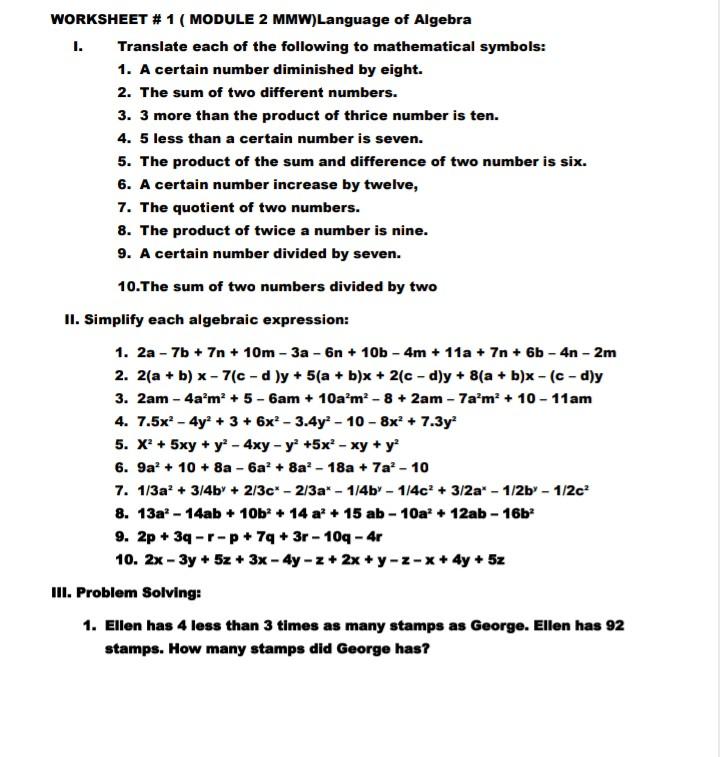Solved WORKSHEET \# 1 ( MODULE 2 MMW)Language of Algebra I. | Chegg.com