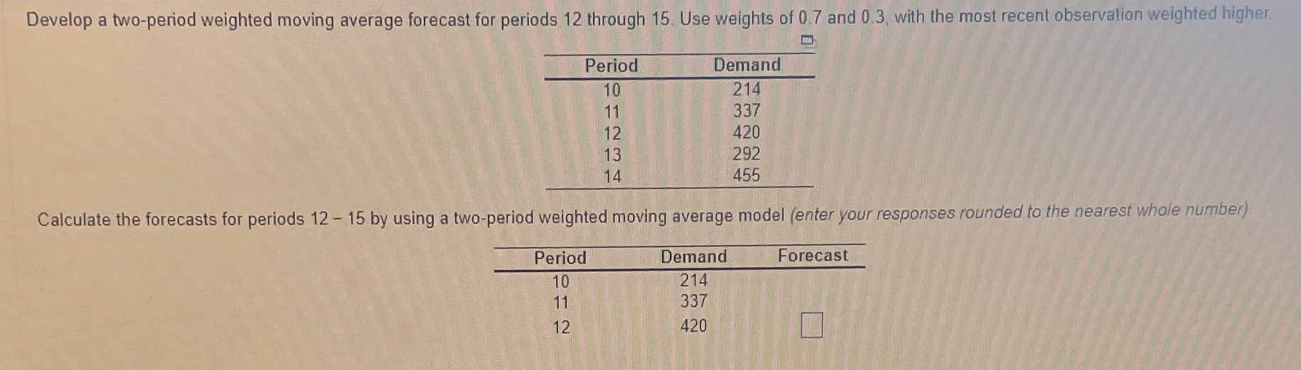 Solved Develop a two-period weighted moving average forecast | Chegg.com