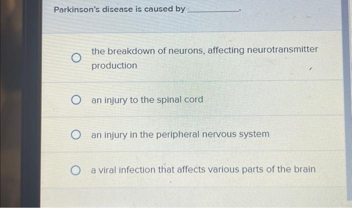 Solved Parkinson's disease is caused by the breakdown of | Chegg.com