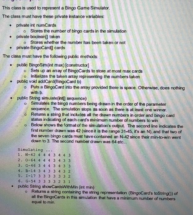 Solved This class is used to represent a single Bingo Card. | Chegg.com