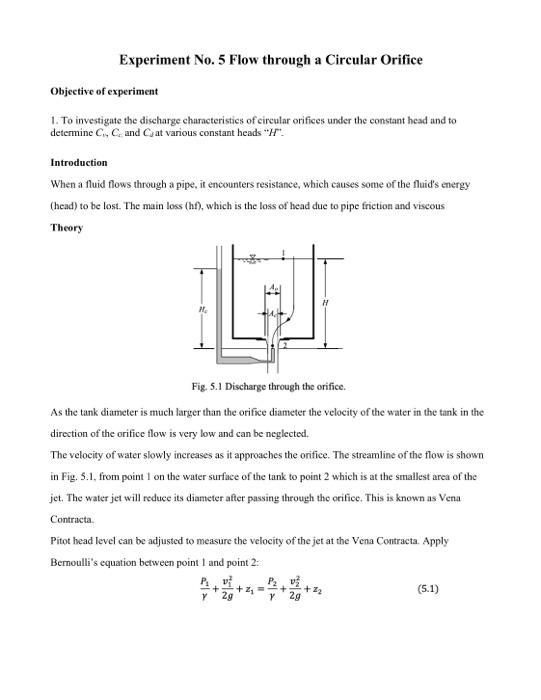 Solved Experiment No. 5 Flow through a Circular Orifice | Chegg.com