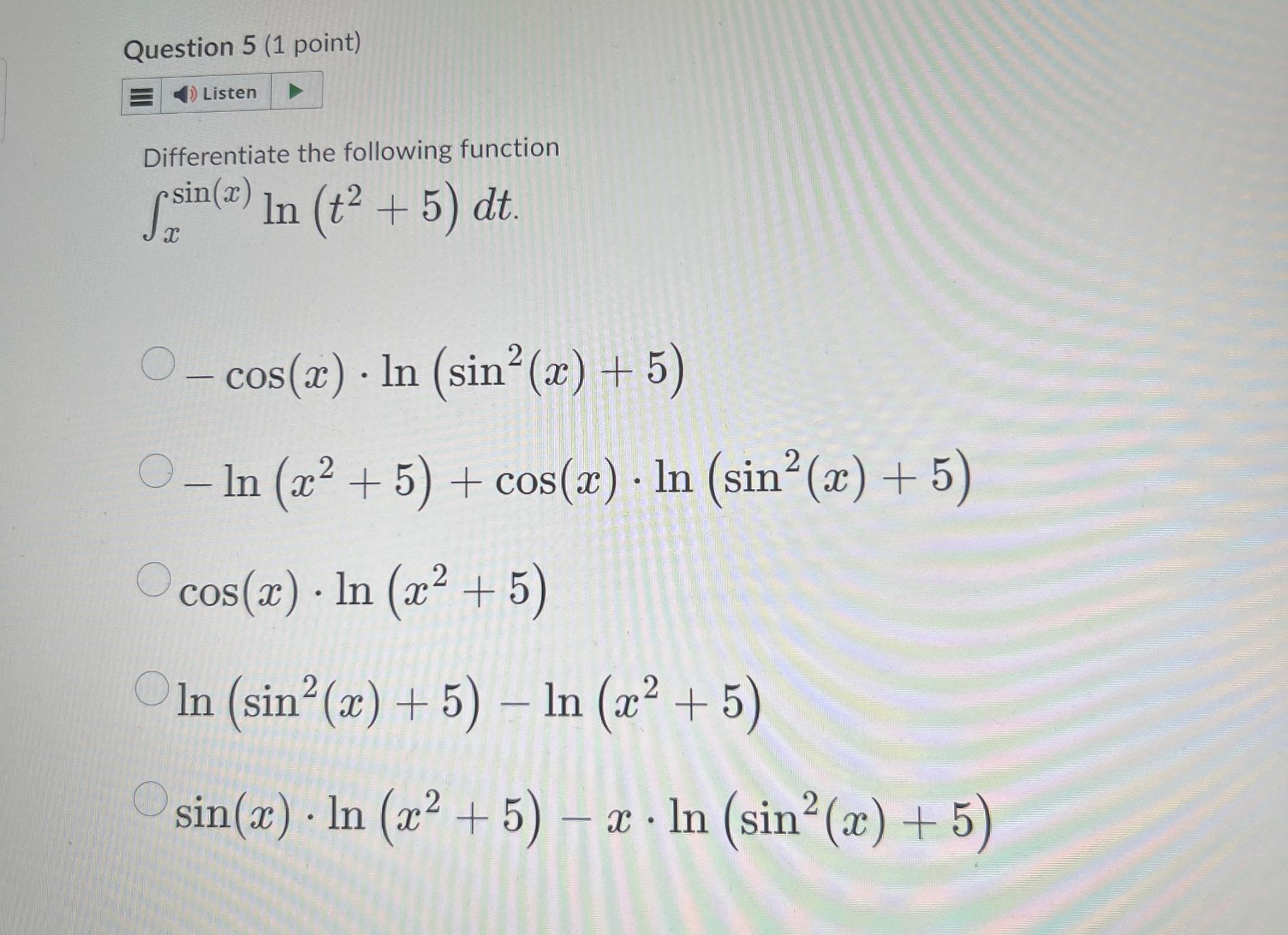 Solved Question 5 (1 ﻿point) ﻿Differentiate the following | Chegg.com