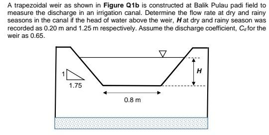 Solved A trapezoidal weir as shown in Figure Q1b is | Chegg.com