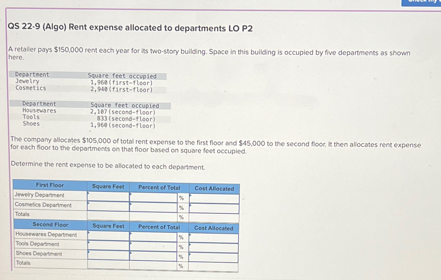 Solved QS 22-9 (Algo) ﻿Rent expense allocated to departments | Chegg.com