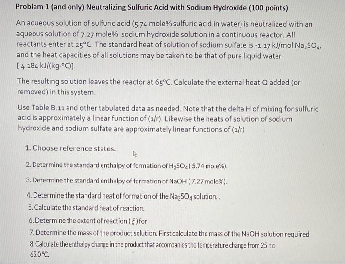 Solved Problem 1 (and only) Neutralizing Sulfuric Acid with | Chegg.com