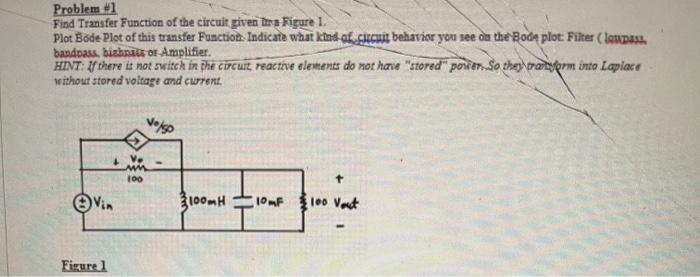 Solved Problem Find Transfer Function of the circuit given a | Chegg.com