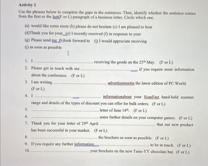 Activity 2 Use the phrases below to complete the gaps | Chegg.com