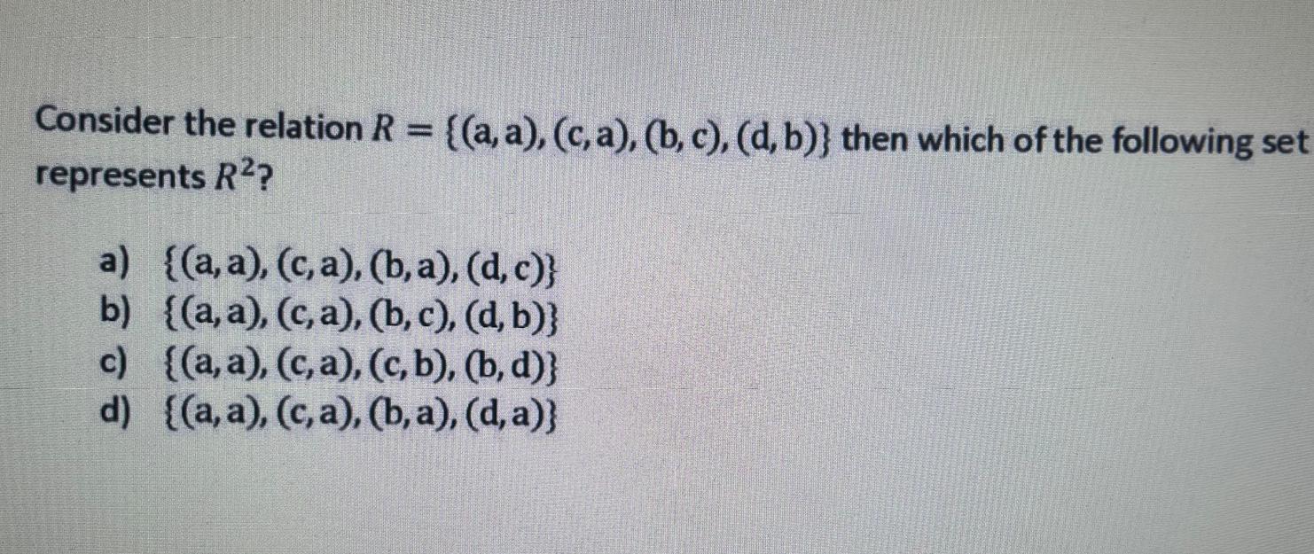 Solved Consider the relation R={(a,a),(c,a),(b,c),(d,b)} | Chegg.com
