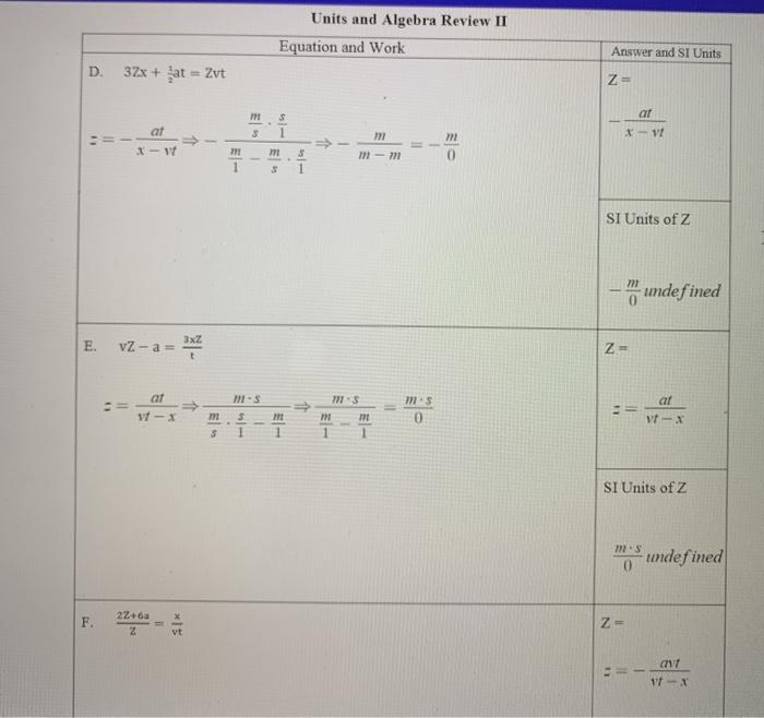Solved Units and Algebra Review II Equation and Work Answer | Chegg.com
