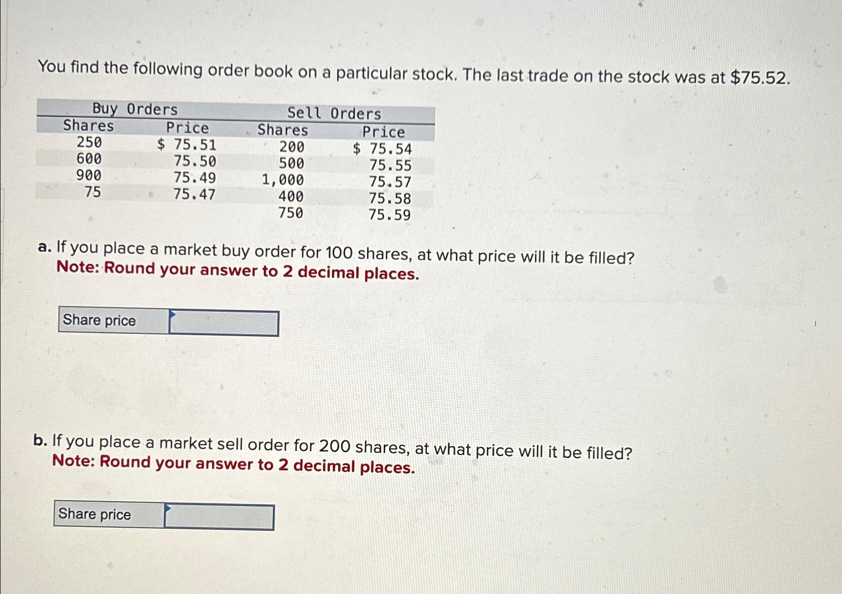 Solved You find the following order book on a particular | Chegg.com