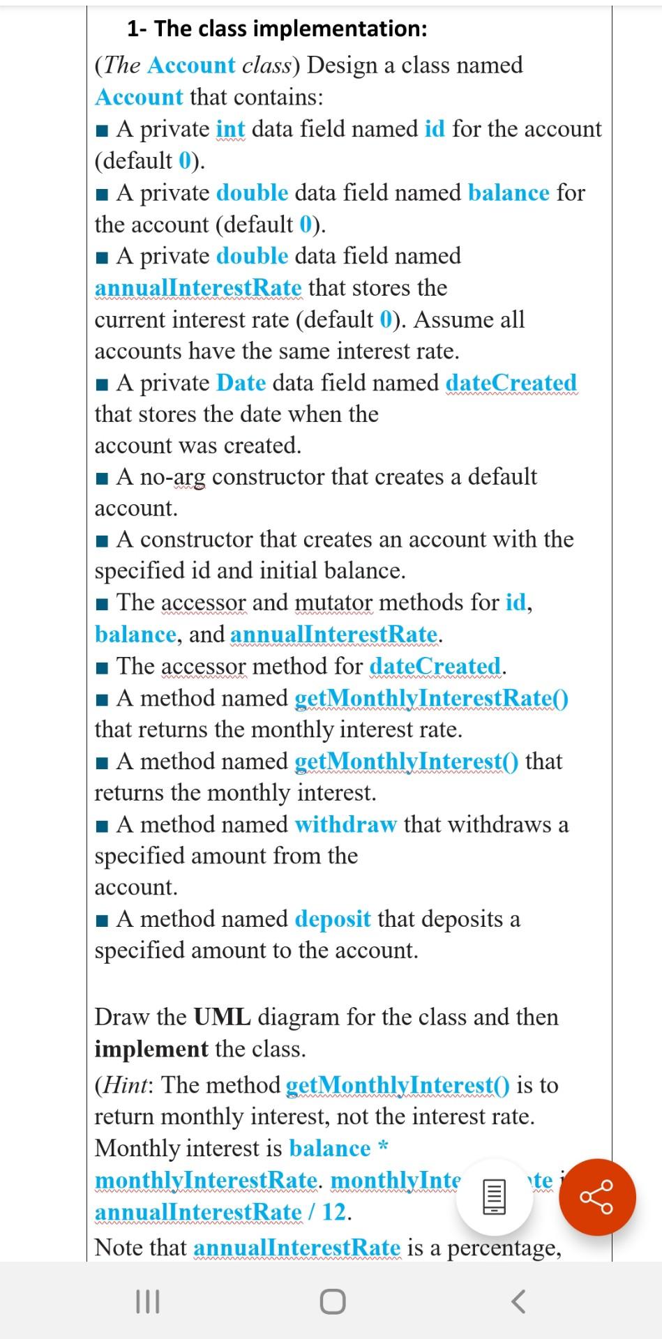 Solved 1- The class implementation: (The Account class) | Chegg.com