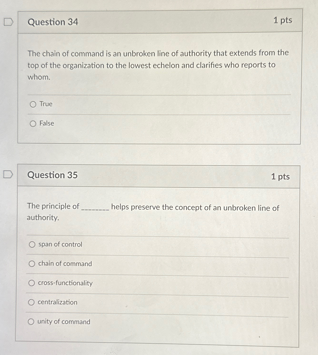 Solved Question 341ptsThe chain of command is an unbroken | Chegg.com