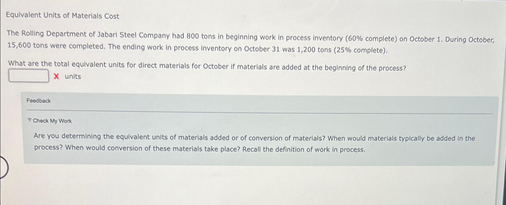 Solved Equivalent Units of Materials CostThe Rolling | Chegg.com