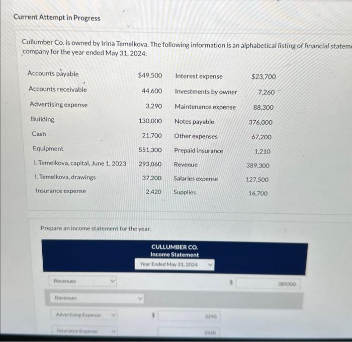Solved Current Attempt in Progress Cullumber Co. is owned by | Chegg.com