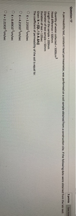 Solved Save An Question 17 3 points A permeability test, | Chegg.com